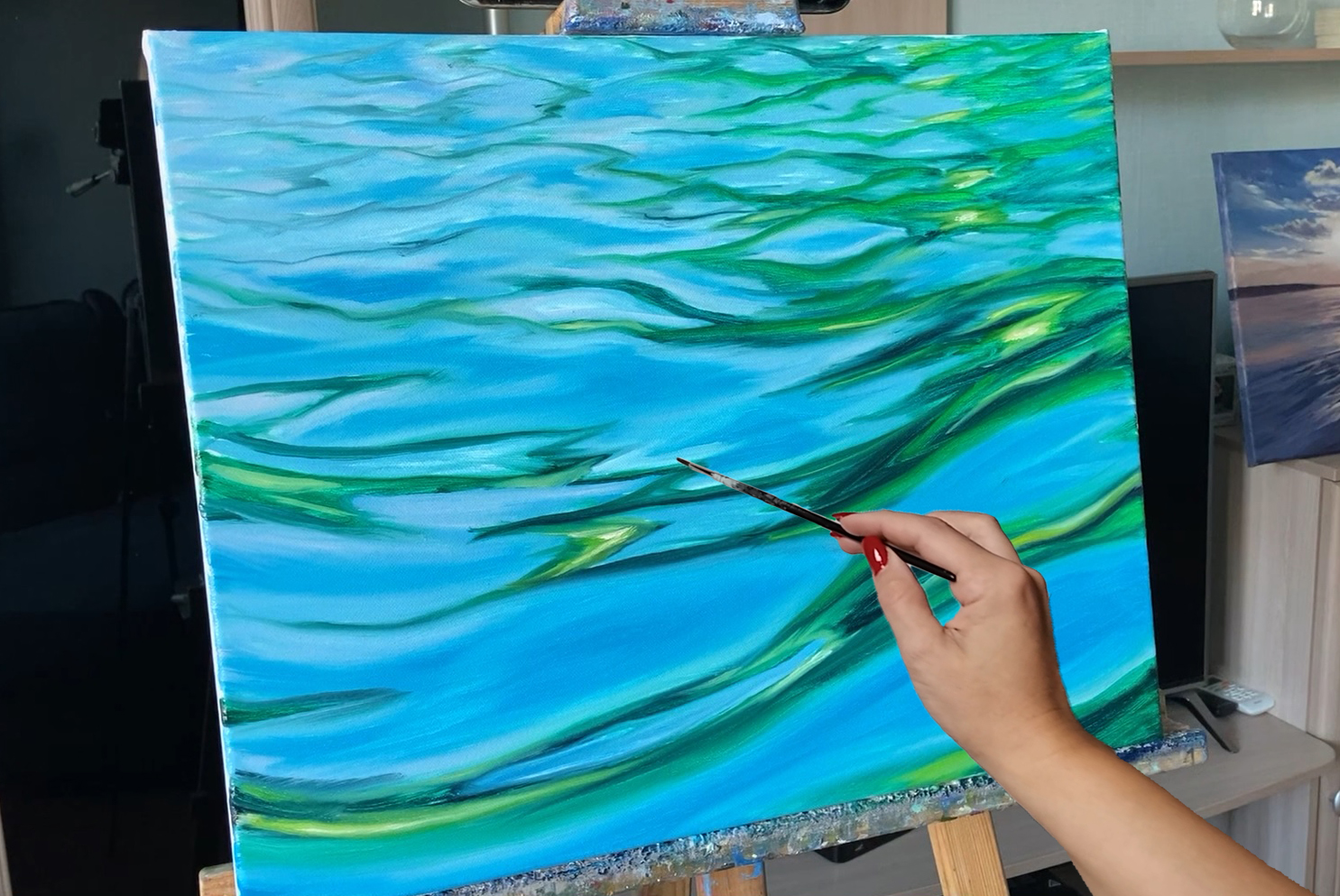 Бесплатный урок рисования. Интерьерная картина пошагово. Как рисовать воду. Оксилайт Арт. Живопись.