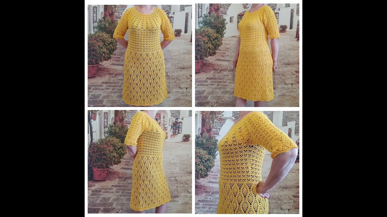 Летнее платье крючком с круглой кокеткой "Канарейка". Часть 3. Готовая работа.