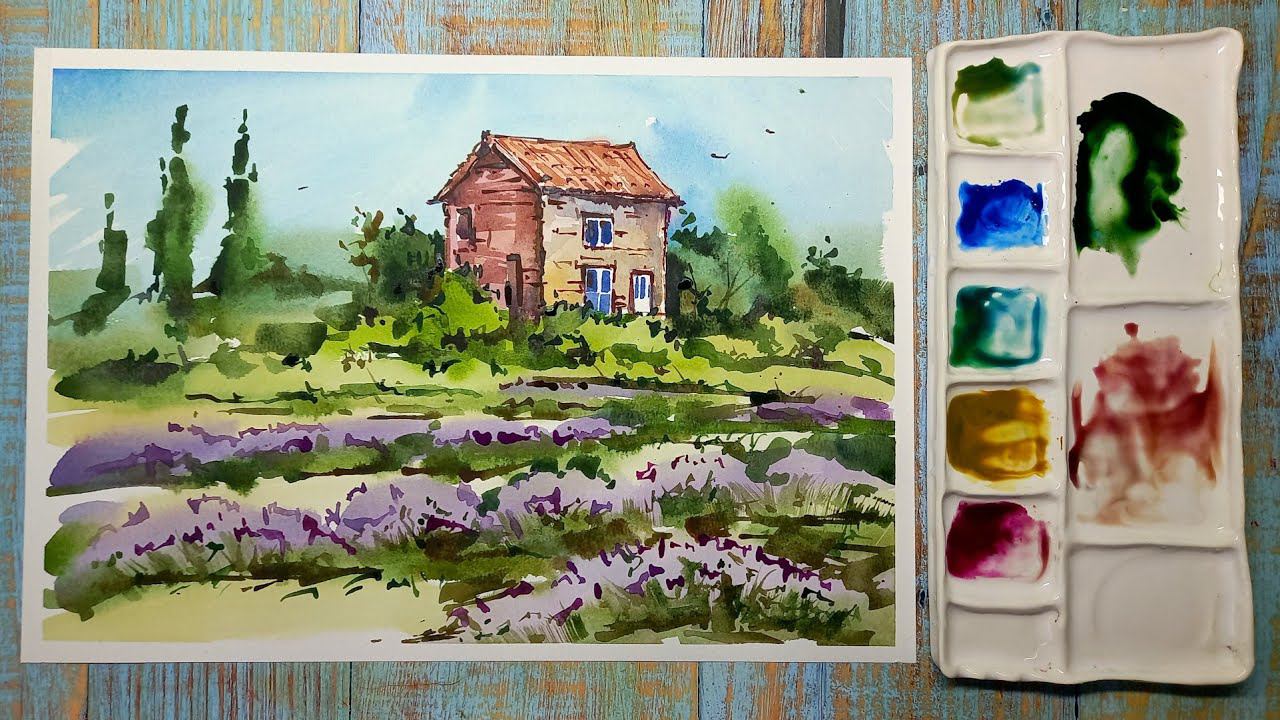 Домик в прованских травах и новая палитра для акварели