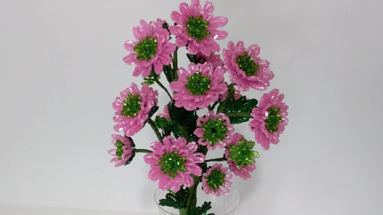 Бисероплетение. Цветы из бисера. Хризантема кустовая. 1 часть. Мастер класс. Пошаговый МК ..mp4