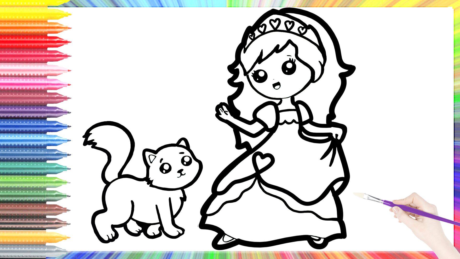 Как нарисовать принцессу и кота для детей