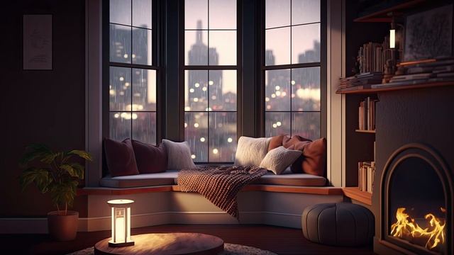 Насладитесь уютным уголком для чтения в дождливой Нью-Йоркской квартире с камином для отдыха