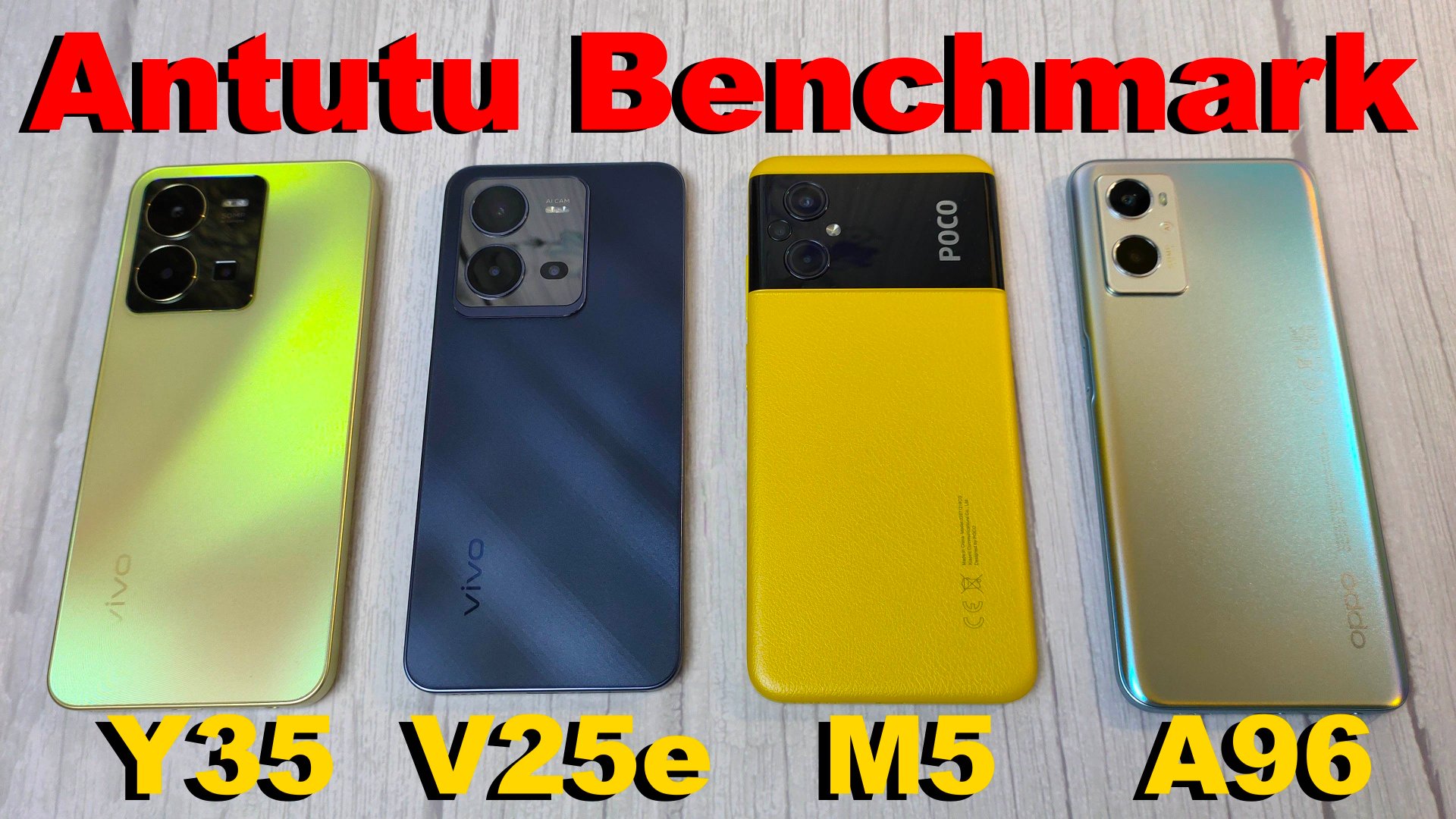 Cравнение Vivo Y35 vs Vivo Y25e vs POCO M5 vs OPPO A96 Antutu Test