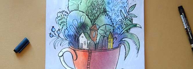 Креатив. Смешенная техника акварель+гуашь "Сад в чашке".