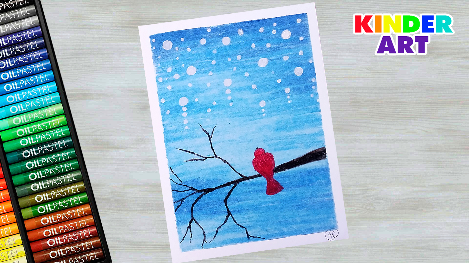 Как нарисовать зимний пейзаж с птицей Кардинал масляной пастелью поэтапно для начинающих