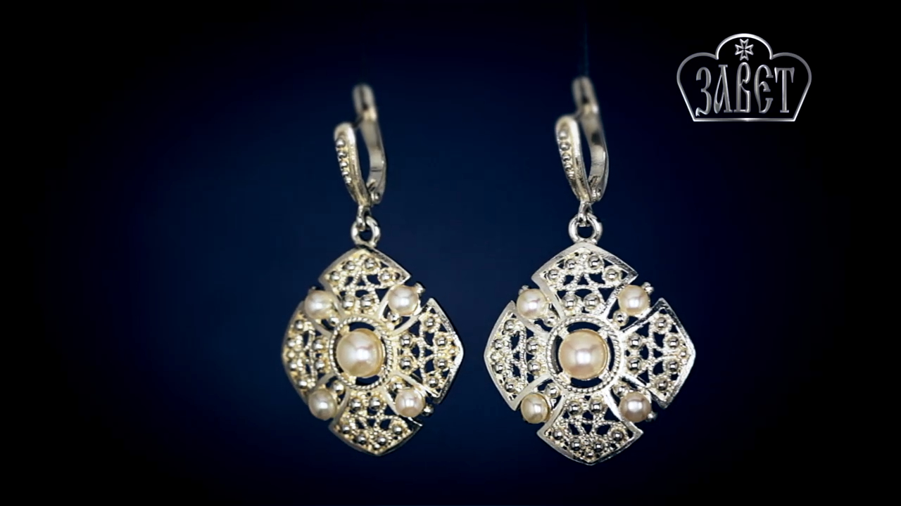 Серьги Георгиевский крест серебряные с жемчугом