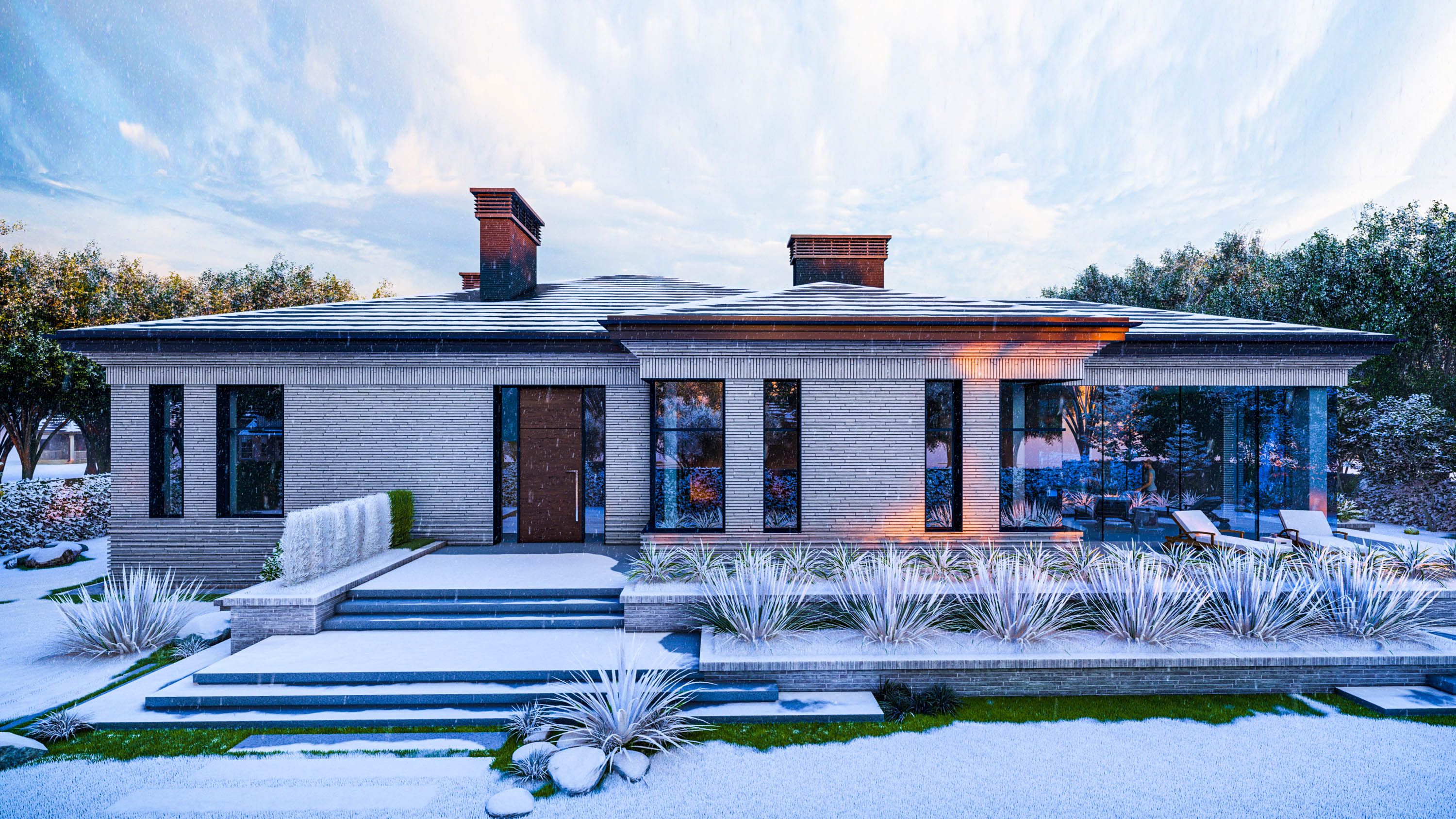 Эскизный проект. Современный дом с объемной кирпичной кладкой