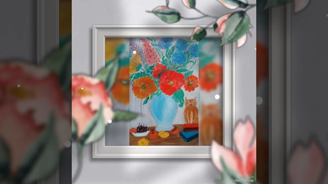 Картина маслом натюрморт с цветами и фруктами