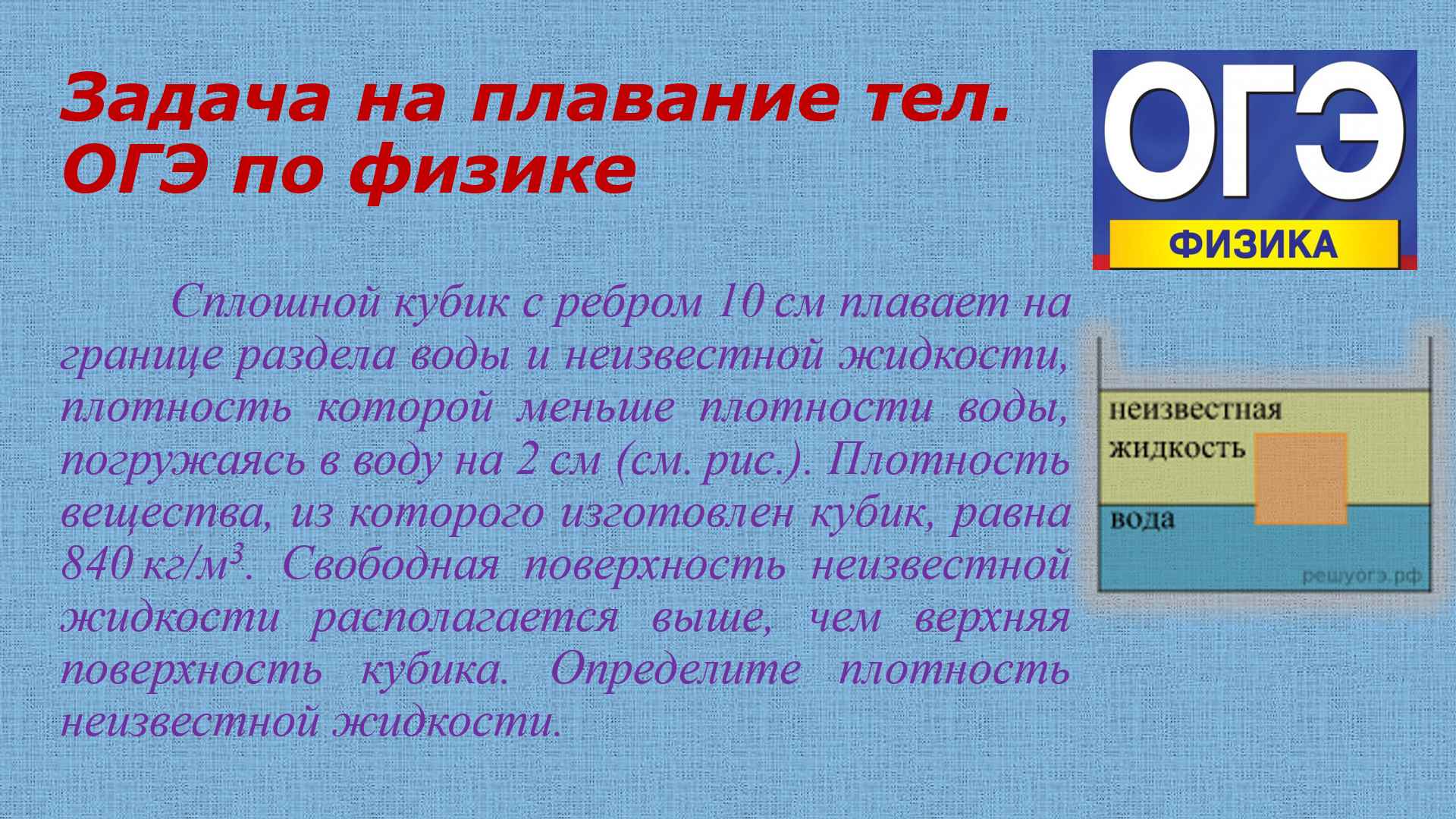 Задача из ОГЭ по физике на плавание тел