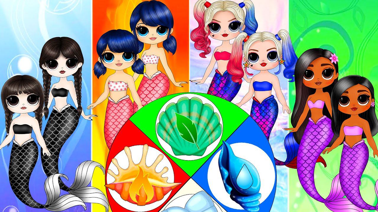 Маринетт Леди Баг, Уэнсдей, Изабела, Харли Квинн Русалки - 4 Стихии ☁️ Идеи из бумаги DIY