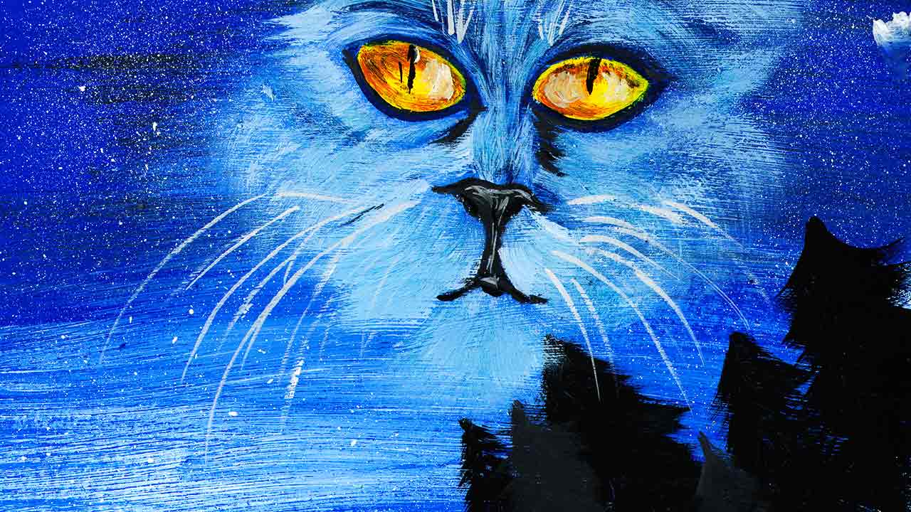 Как нарисовать лунного кота. Рисуем кота. Рисуем необычную картину. Как нарисовать необычный пейзаж.