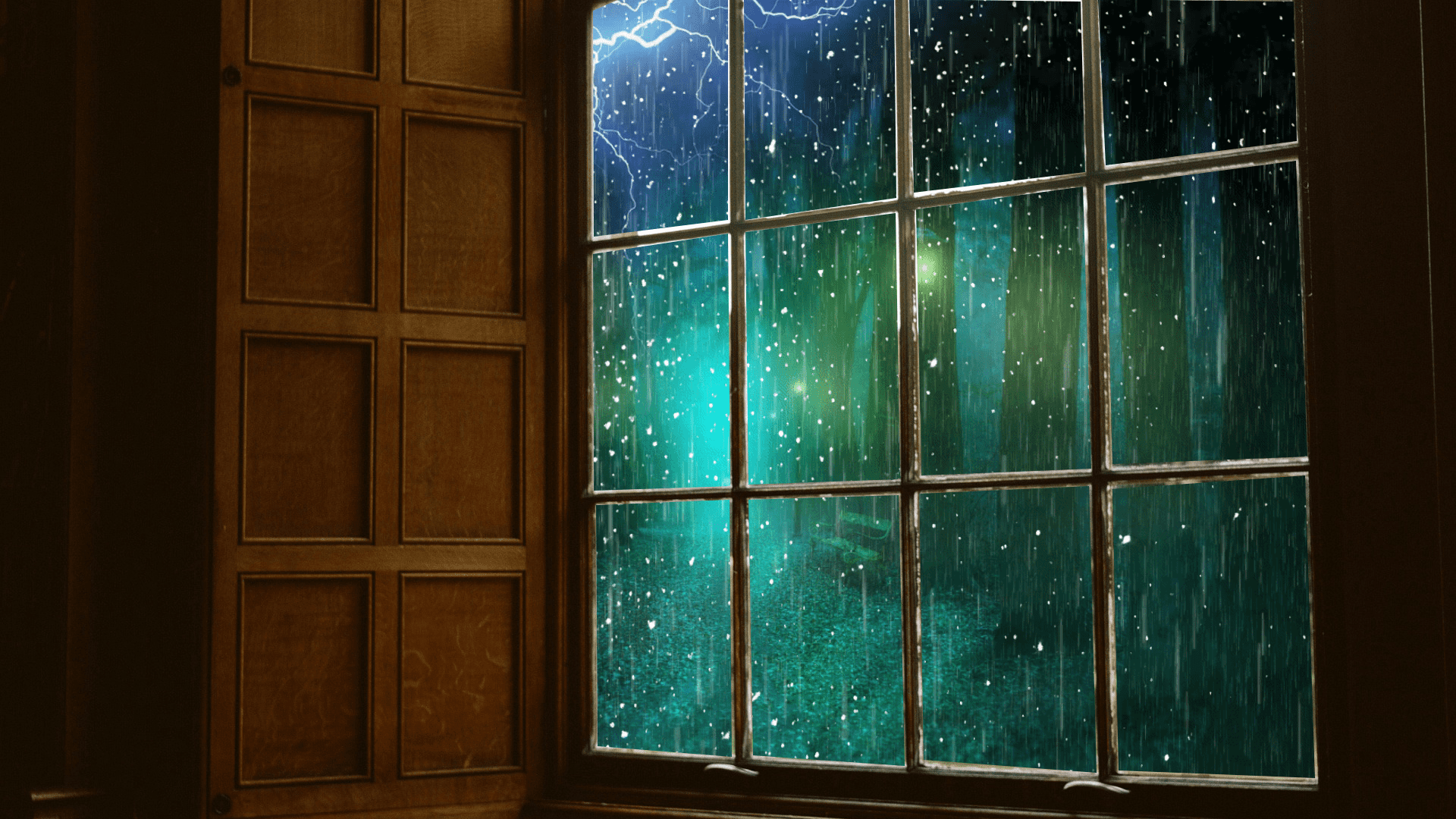 Сильный дождь за окном со звуками грома для сна, учебы и медитации