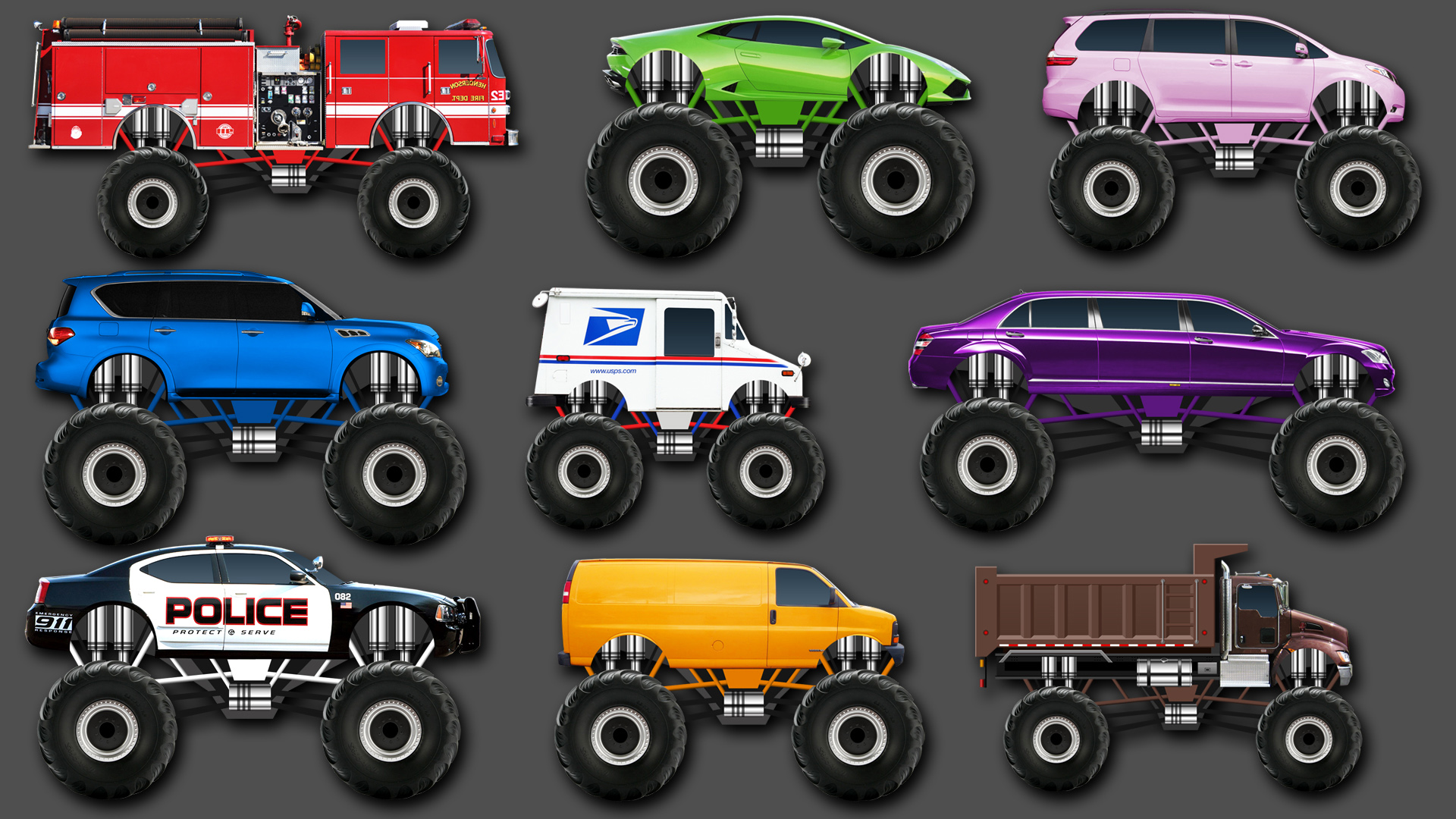 Мультик про машинки Монстр Траки: пожарная машина, полицейская машина, самосвал, грузовик, vehicles