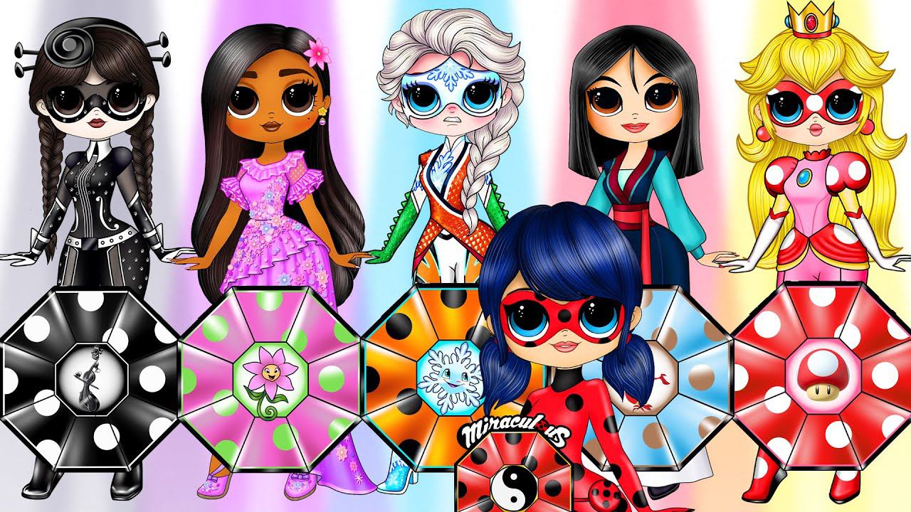 Леди Баг превращает Уэнсдей, Эльзу, Изабелу, Жамин, Принцессу Пич в супергероев - Бумажные Куклы