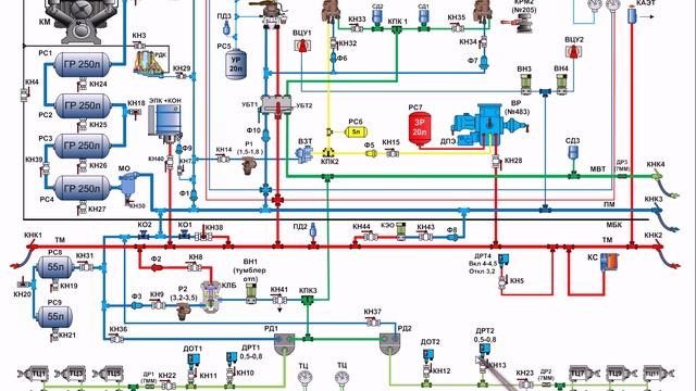 Пневматическая схема ТЭМ18ДМ (Торможение и отпуск тормозов краном машиниста №395)