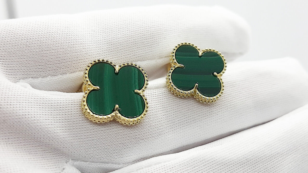 Серьги клевер с малахитом