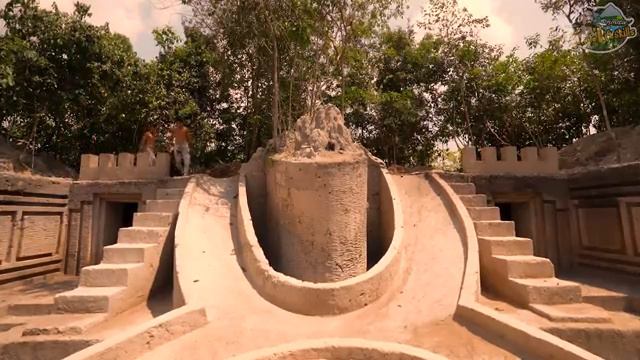 100 Days Survive in Rainforest Building Underground Water Slide Park and Swimmin