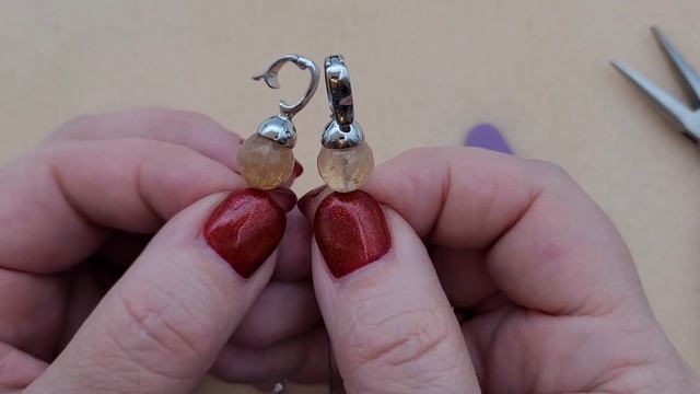 Как закрепить замок к бусам. Как сделать серьги. Колье и серьги из цитрина. 7.