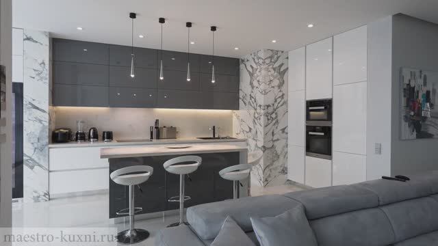 Бело серая кухня под потолок, дизайн кухни 2019