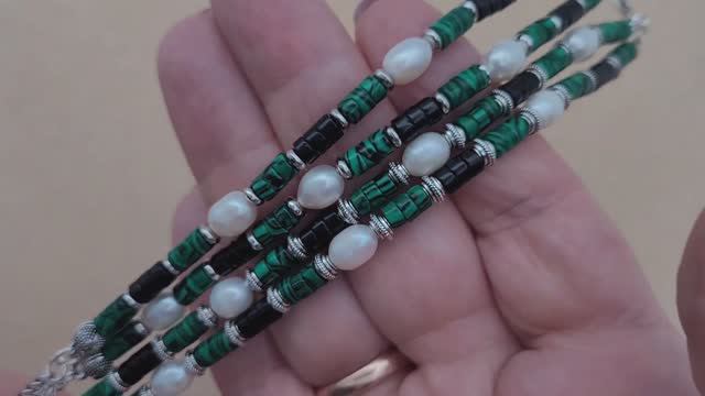 Necklace.13 Как собрать двухрядное колье. Украшение из цепочки, жемчуга, малахита,  яшмы  "Павлин"