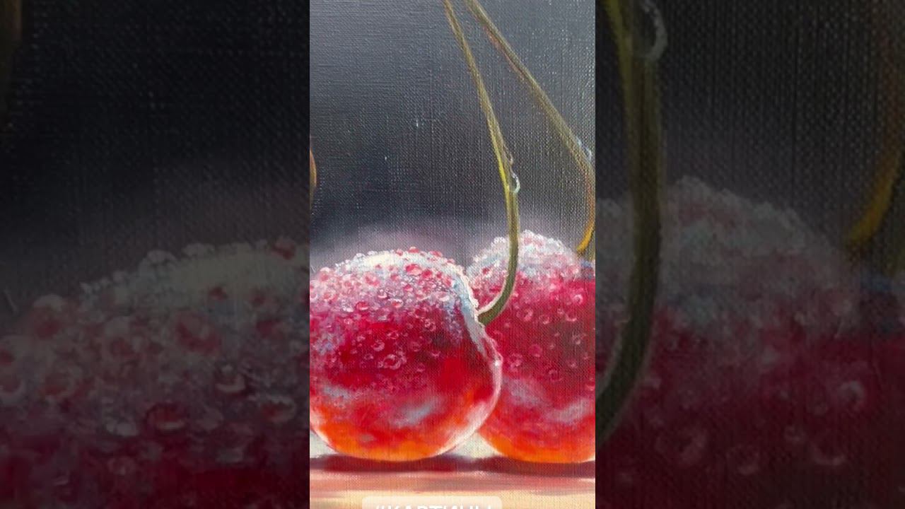 Картина маслом на холсте. "Красная черешня в каплях воды" от постановки до результата.