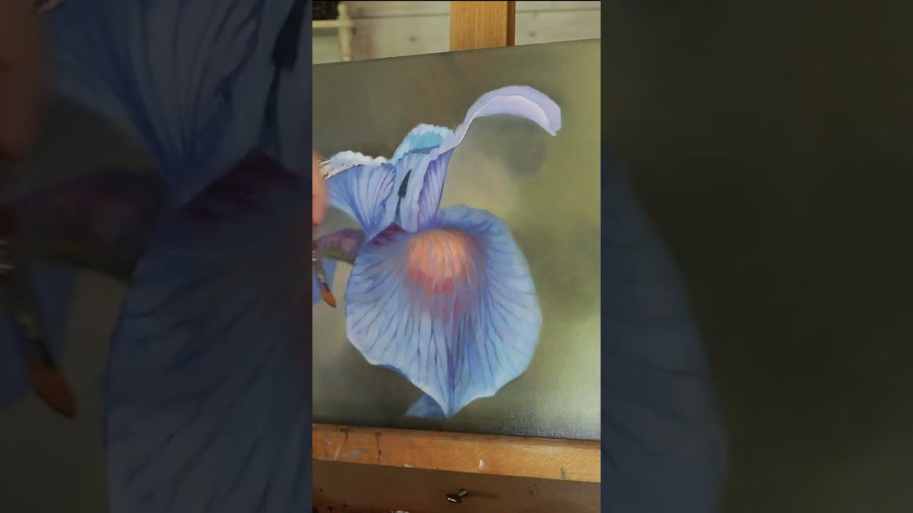 Процесс создания картины маслом на холсте "Цветок ириса после дождя #3". Стиль - гипереализм.