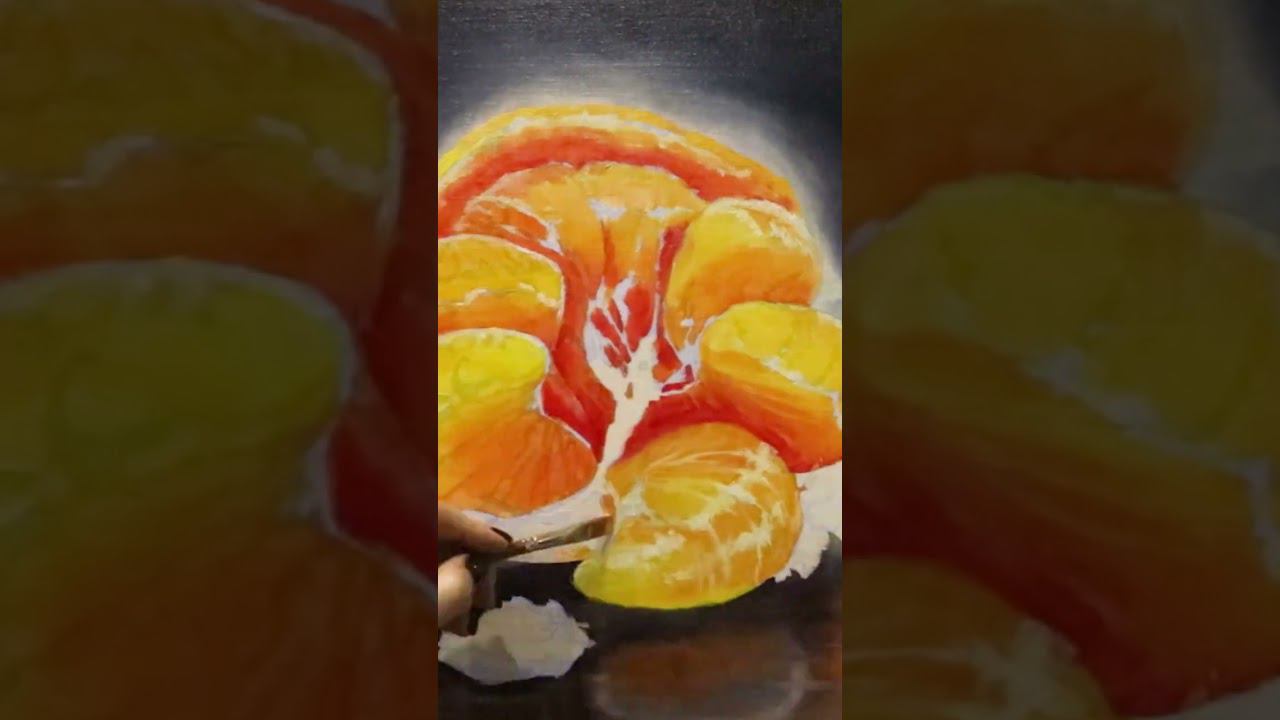 Художник за работой. Картина маслом на хосте "Спелый мандарин". Натюрморт, живопись.