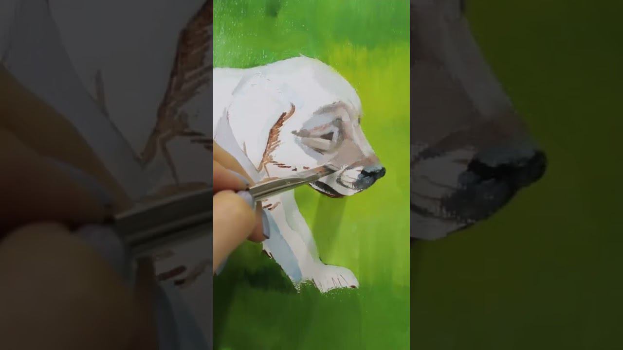 Фрагмент создания картины маслом на холсте "Любопытный щенок"