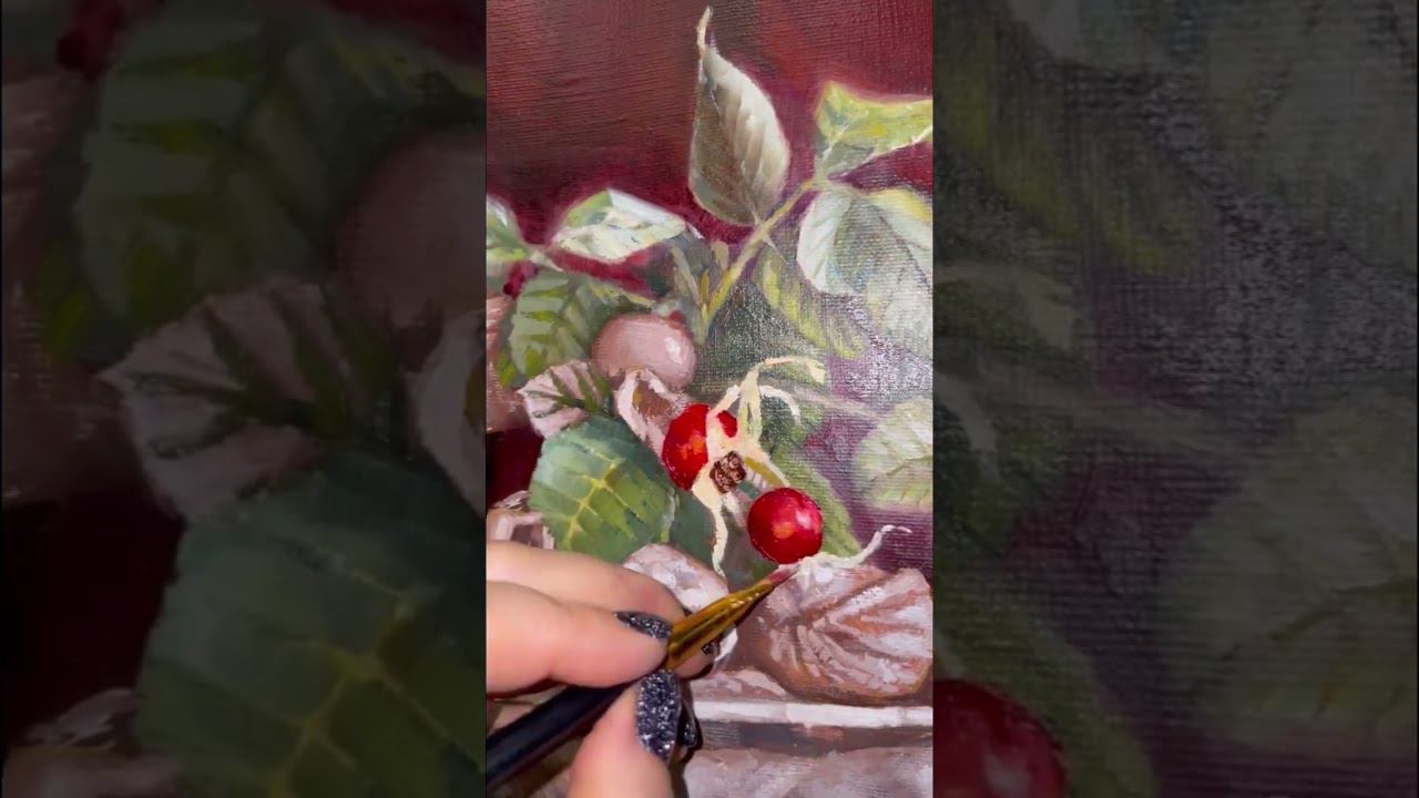 Пишем шиповник маслом на холсте.