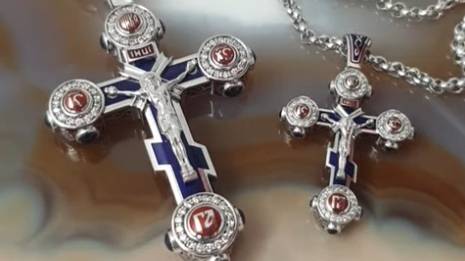Пара нательных православных крестов из белого золота с бриллиантами и сапфирами