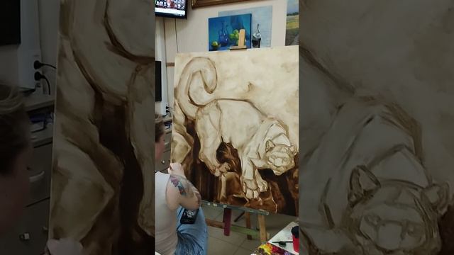 ВЕРТИКАЛЬНЫЙ ФОРМАТ: Большой ХОЛСТ для большой КОШКИ | РАБОТЫ УЧАЩИХСЯ | Подкладка ГРИЗАЙЛЬЮ