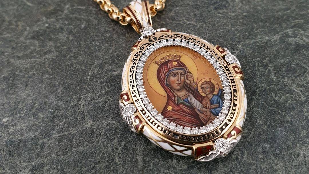 Золотая нательная икона Пресвятой Богородицы "Утоли моя печали" и Ангела Хранителя