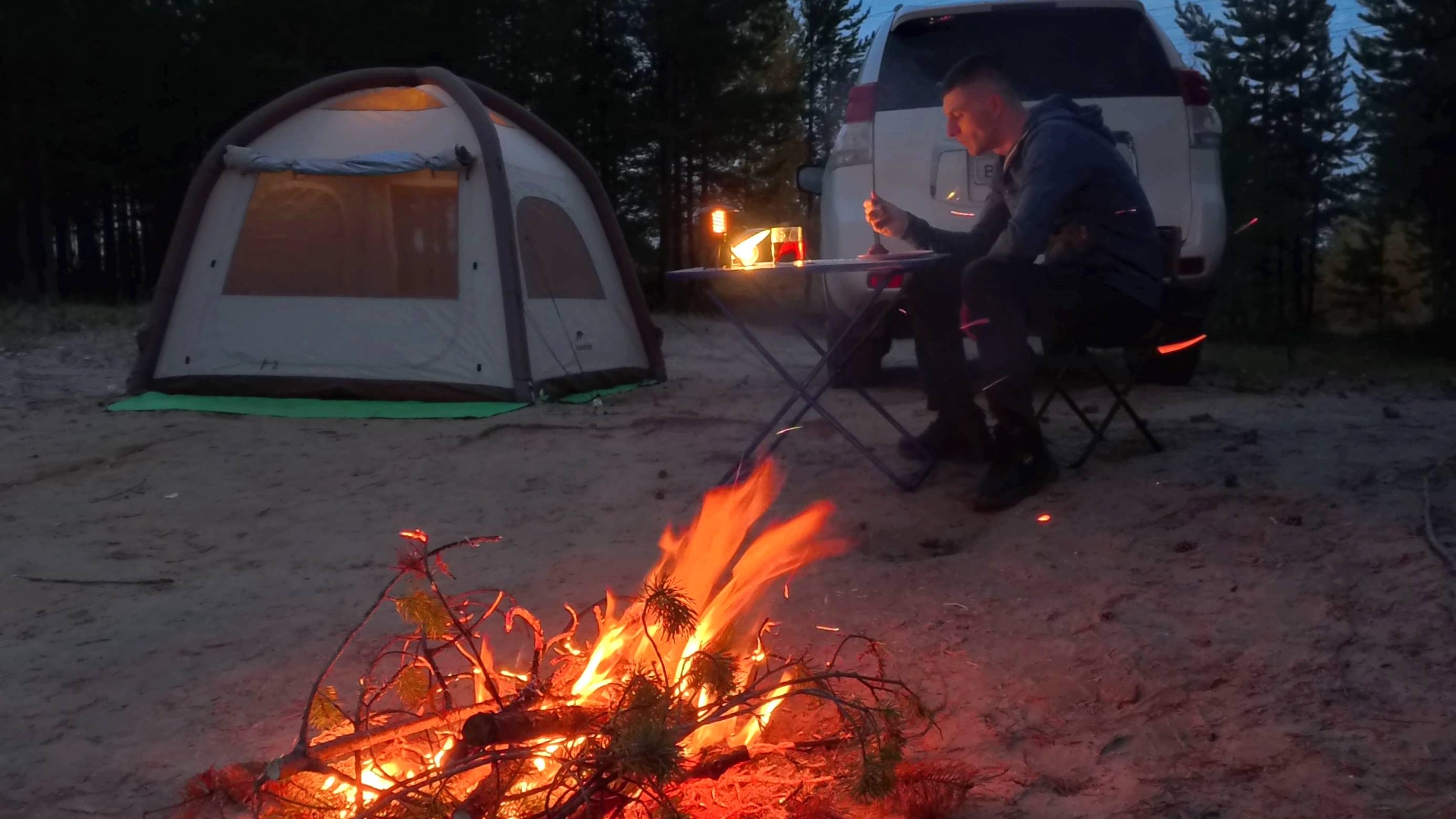 «Осенний отдых с верным другом: кемпинг с собакой на берегу озера».