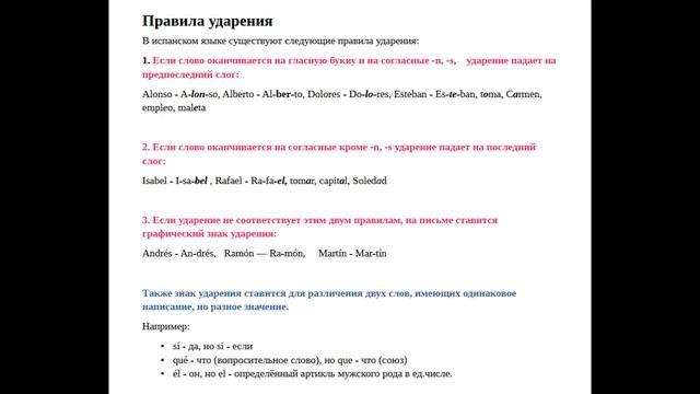 Правила ударения в испанском языке