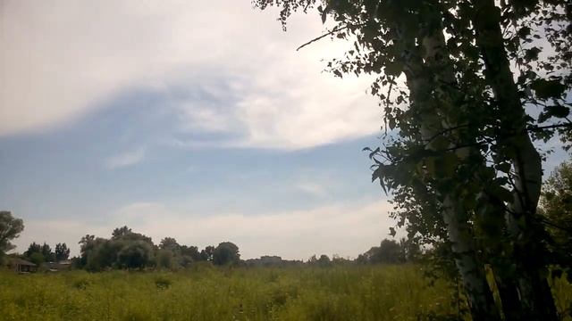 Слышно пение птиц и голоса детей. Лето такое прекрасное! Ветер. Нежные оттенки неба.