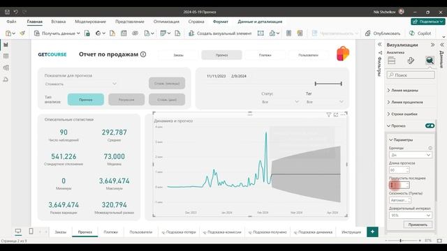 Прогноз продаж GetCourse - шаблон для Power BI на данных mybi connect
