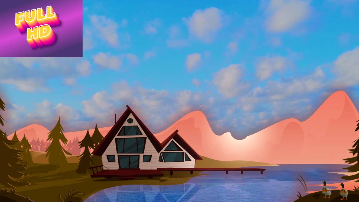 Анимационный фон "Загородный коттедж". Cartoon background "Lake cottage".
