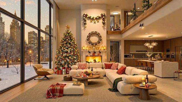 Christmas Apartment Ambience🎄Relaxing Christmas Jazz Music with Snowfall & Fireplace Sounds to Work