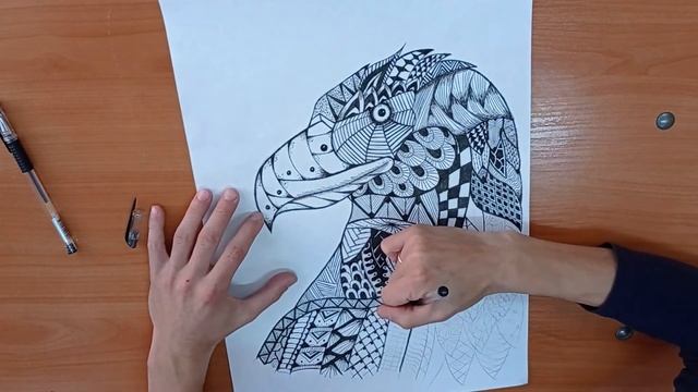 Рисование гелевой ручкой, заключительный этап. (орел)