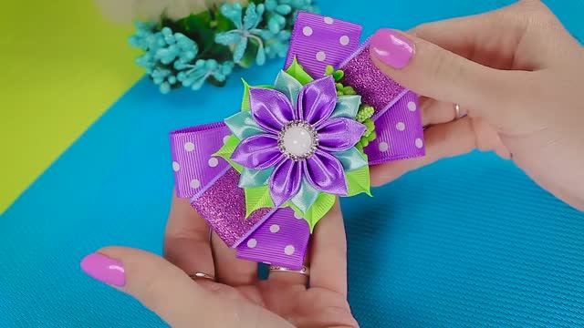 Бантики с цветами из лент. Бантики Канзаши мастер класс. Мария Калугина.