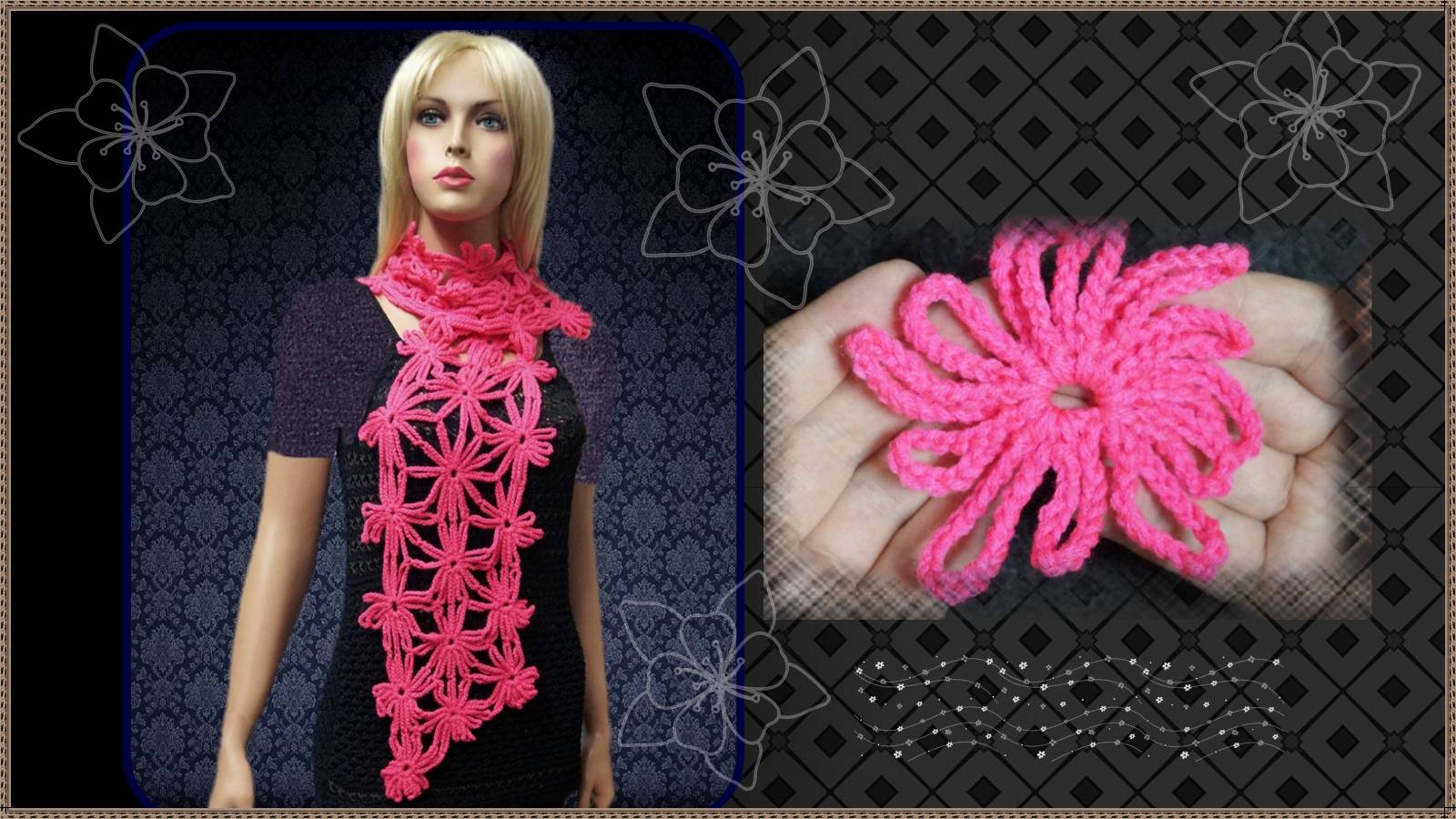 Вязание ажурного шарфа из мотивов крючком.