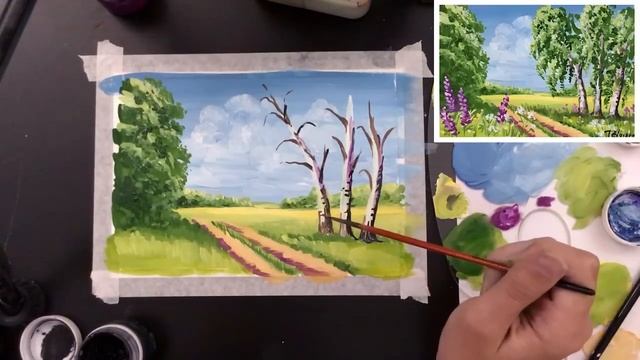 «Пейзаж. Березы» как нарисовать ГУАШЬ | Сезон 2-3 |Мастер-класс для начинающих