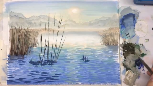 «Пейзаж. Утро. Озеро. Тростник» как нарисовать ГУАШЬ | Сезон 4-11 |Мастер-класс ДЕМО