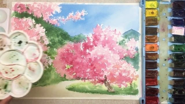 «Пейзаж. Весна. Сакура» как нарисоватьАКВАРЕЛЬ| Сезон 3-9 |Мастер-класс для начинающих ДЕМО