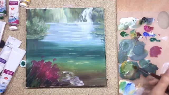 «Пейзаж. Цветы у водопада» как нарисовать АКРИЛ | Сезон 1-14 |Мастер-класс ДЕМО