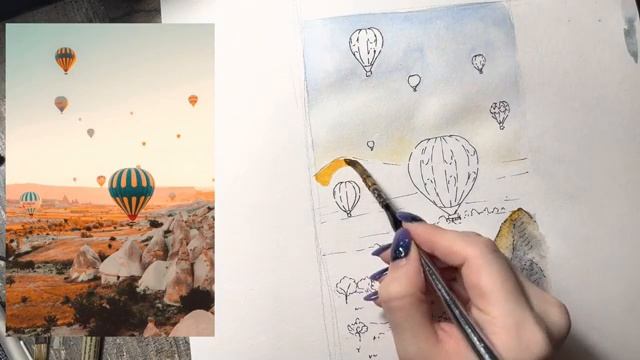 Видеоурок Пейзажный скетчинг "Рисуем воздушные шары в Каппадокии"