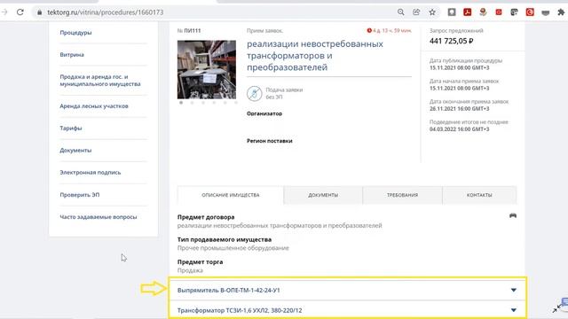 Секция "Продажа имущества". Раздел витрина (расширенный обзор)