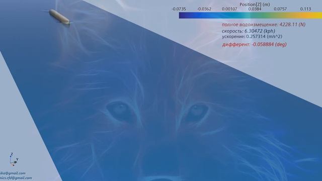 Разгон баллона в виртуальном бассейне до скорости по числу Фруда Fr = 0.38