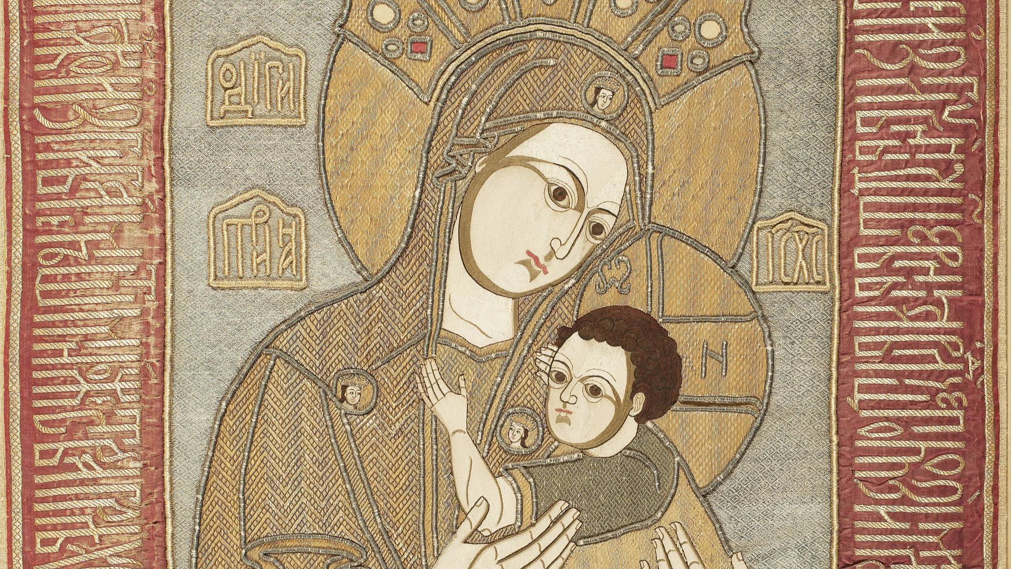 Богоматерь Донская с праздниками и избранными святыми. Строгоновское золотное и лицевое шитье.