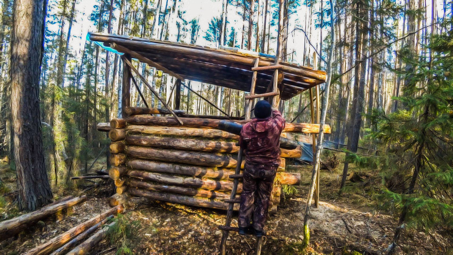 Я строю хижину на берегу реки. Крыша уже готова! Это будет самый вкусный обед в тайге